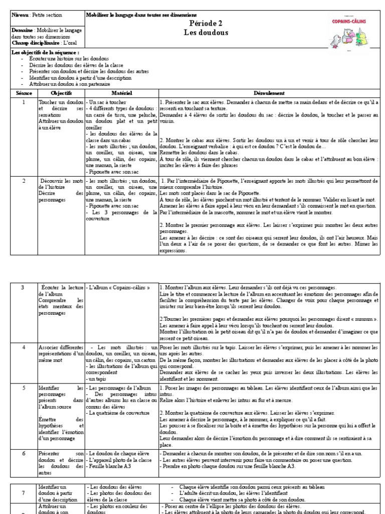 Séquence Littérature "Copains câlins"-PS-P2 | PDF