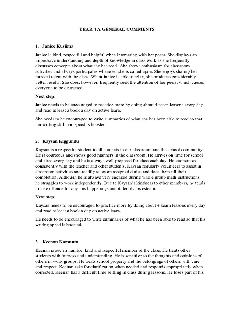 YEAR 4 A GENERAL COMMENTS gp1 | PDF