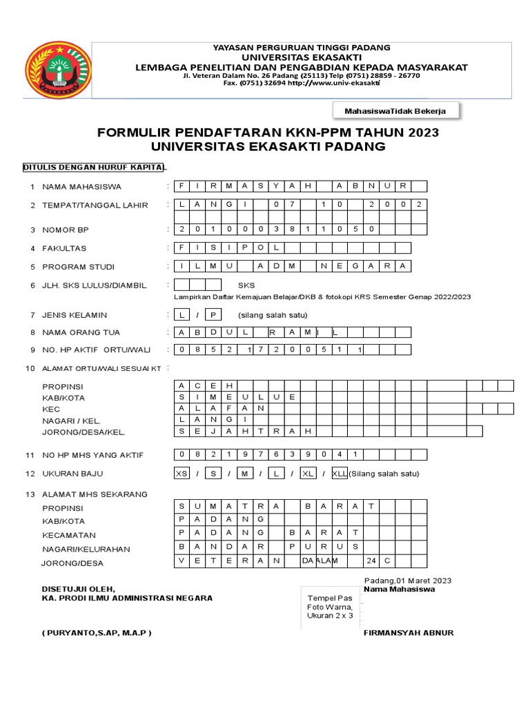 Formulir Pendaftaran KKN-PPM 2023 | PDF