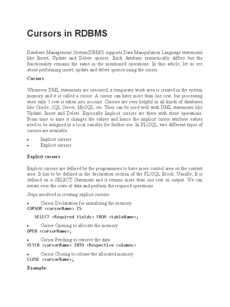 Cursors in RDBMS | PDF | Pl/Sql | Information Retrieval