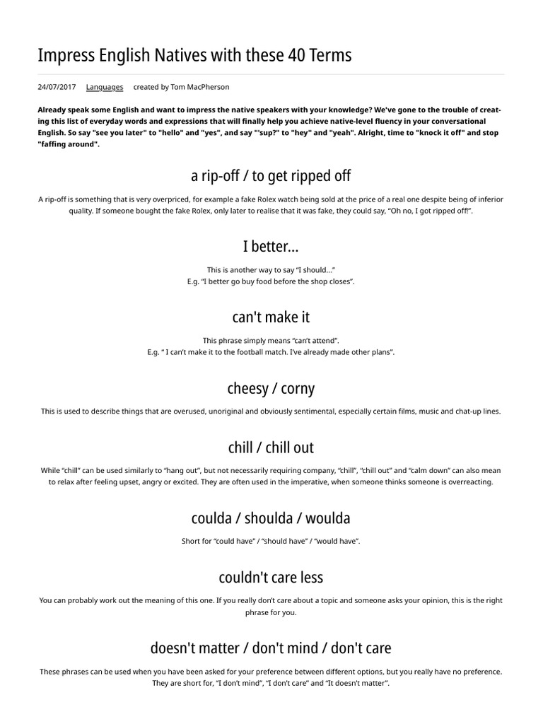 Impress English Natives With These 40 Terms Sprachcaffe | PDF