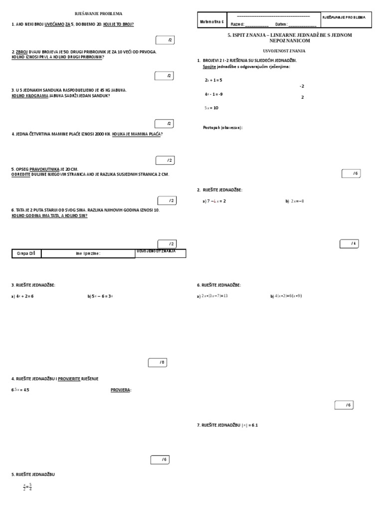 Ispit Znanja-Linearne Jedadžbe DIS | PDF