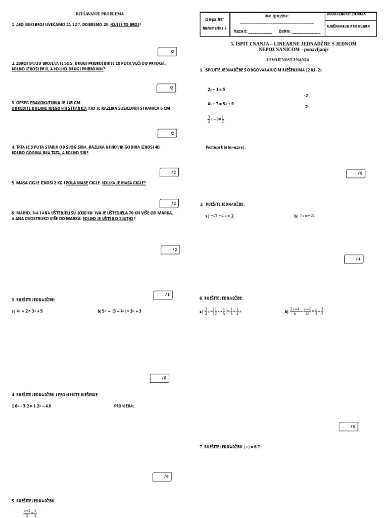 Ispit Znanja-Linearne Jedadžbe MIT | PDF