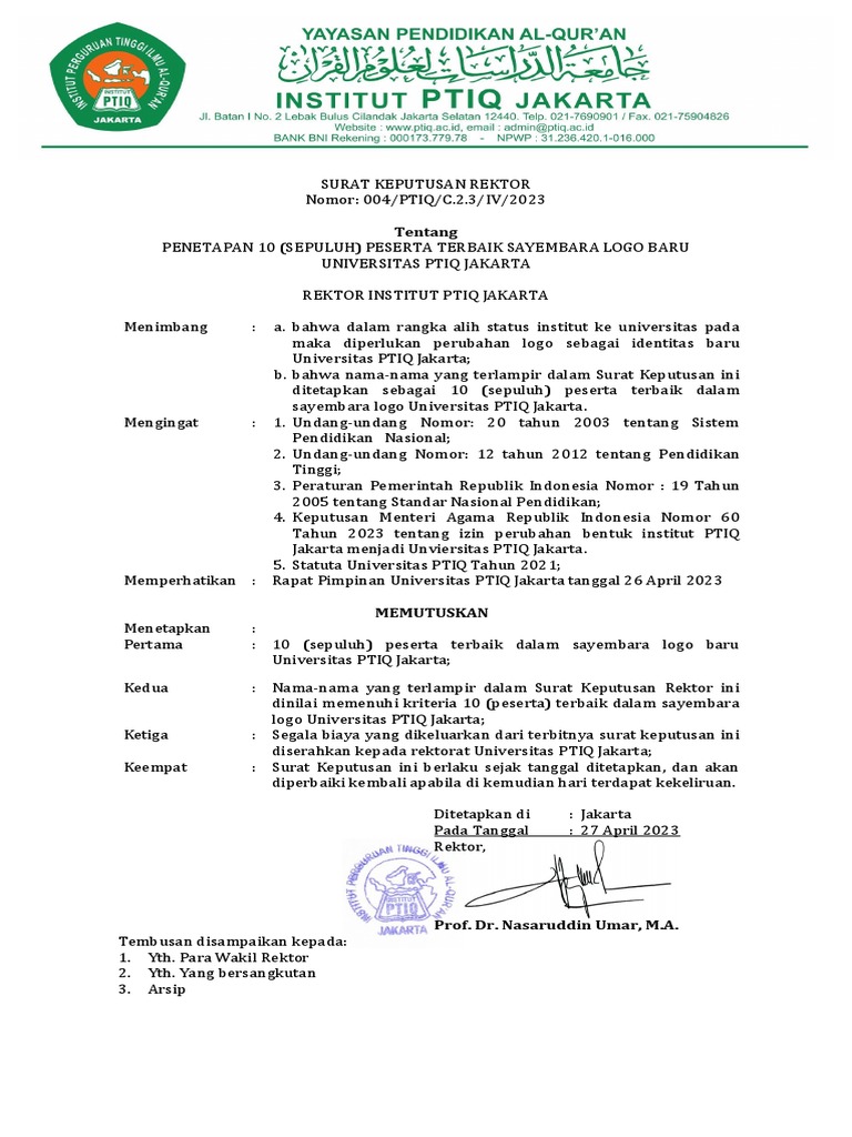 SURAT KEPUTUSAN REKTOR 10 Besat Terbaik | PDF