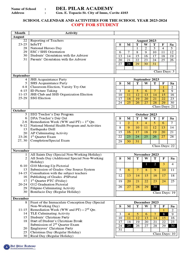 Del Pilar Academy School Calendar 2023-24 | PDF | Observances ...