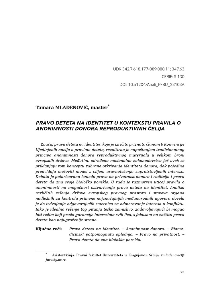 Pravo Deteta Na Identitet U Kontekstu Pravila O Anonimnosti Donora Reproduktivnih Ćelija | PDF