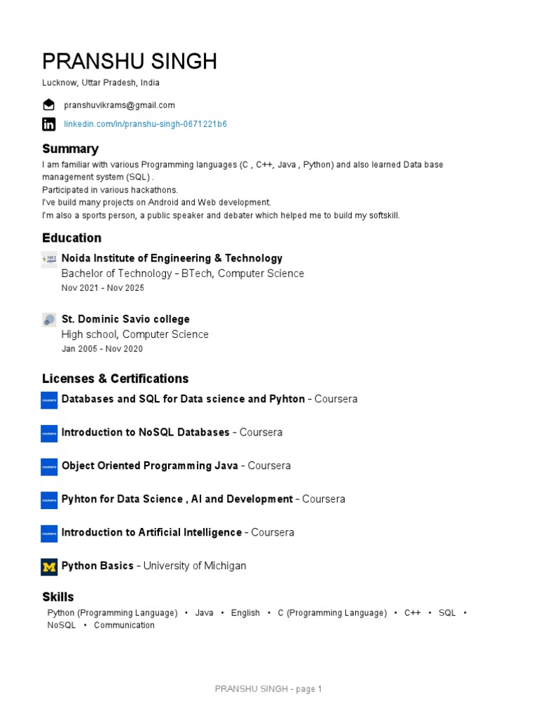 Resume Pranshu Singh | PDF
