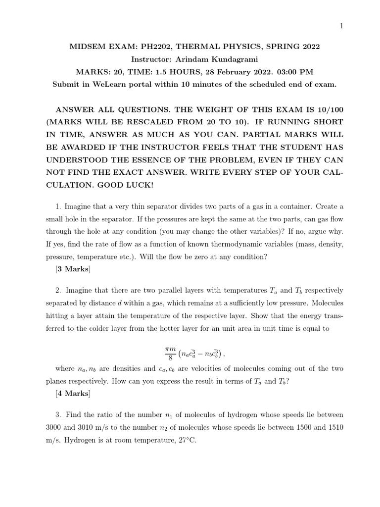 IISERK PH2202 ThermalPhysics Spr2022 Midsem | PDF | Gases | Temperature