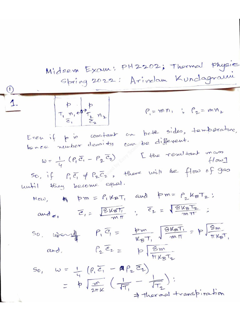 IISERK PH2202 ThermalPhysics Spr2022 Midsem Solutions | PDF