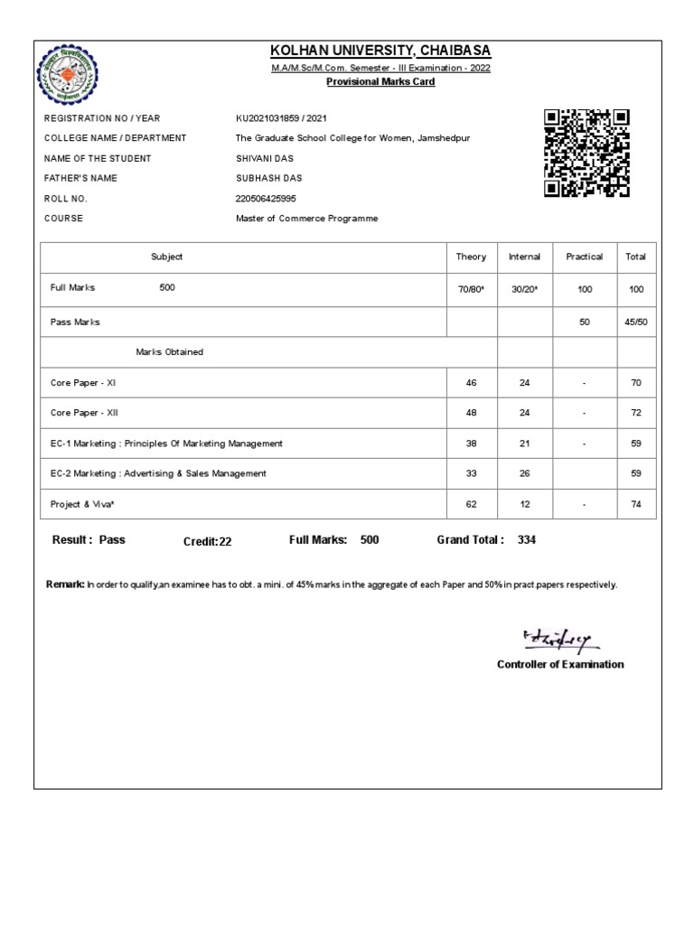 Kolhan University M.Com Semester III Marks Card | PDF