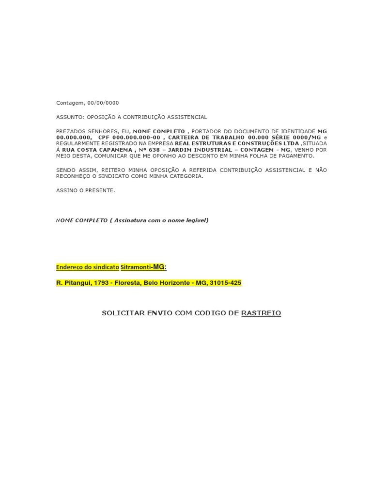 Oposição à Contribuição Assistencial | PDF | Negócios | Direito