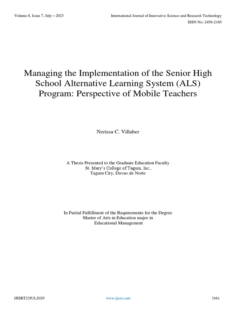 Managing The Implementation of The Senior High School Alternative Learning System (ALS) Program ...