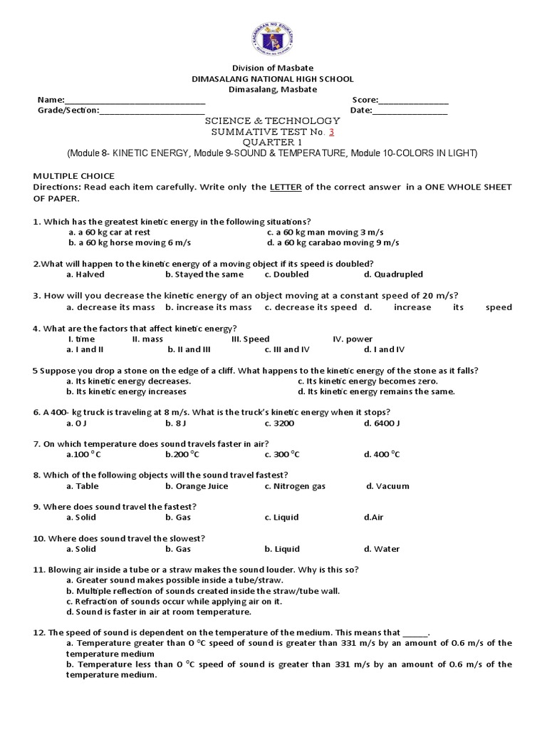 Summative Test 3 Science | PDF