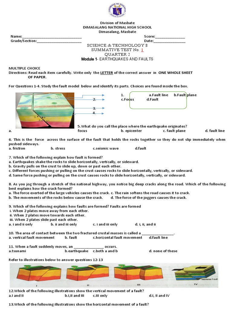 Earthquake Test for Grade 8 Science | PDF | Earthquakes | Fault (Geology)