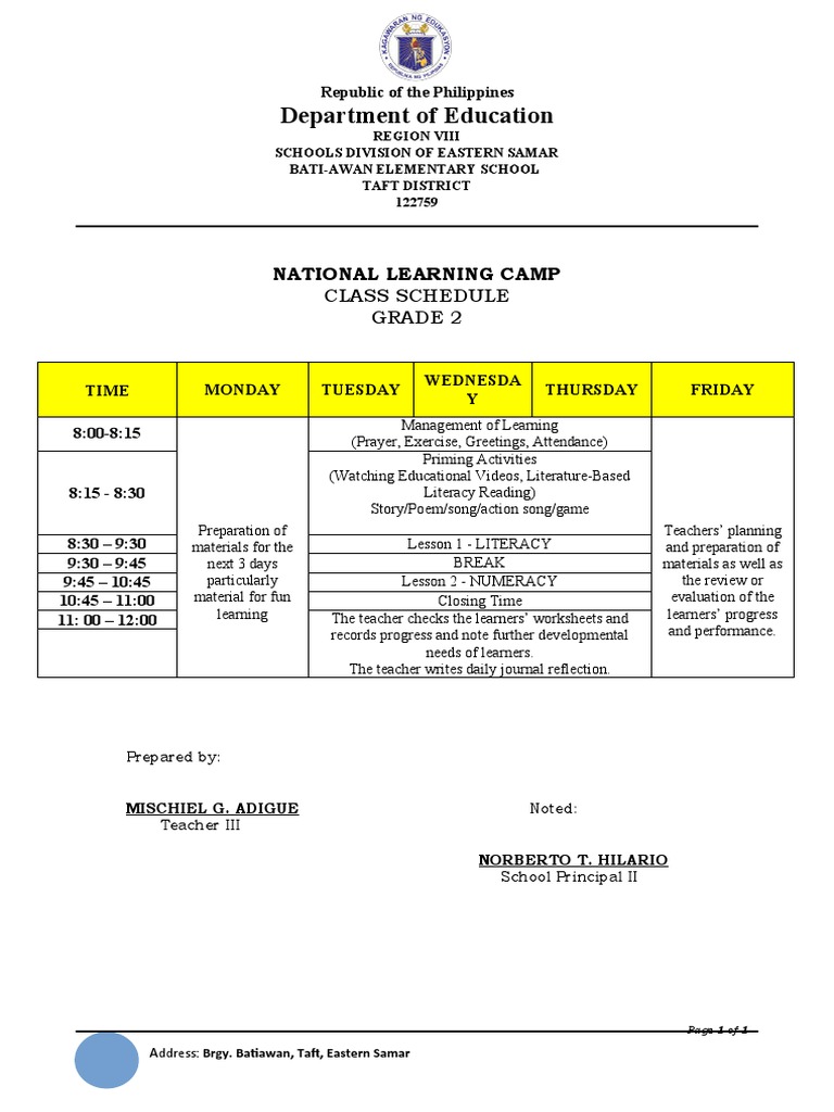 NLC Class Schedule | PDF | Education Theory | Learning Methods