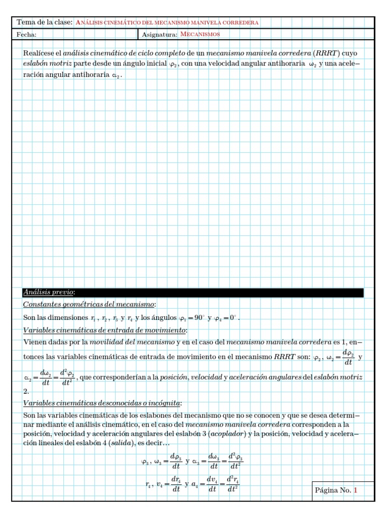 01 Taller - Análisis Cinemático Mecanismo RRRT | PDF | Cinemática ...