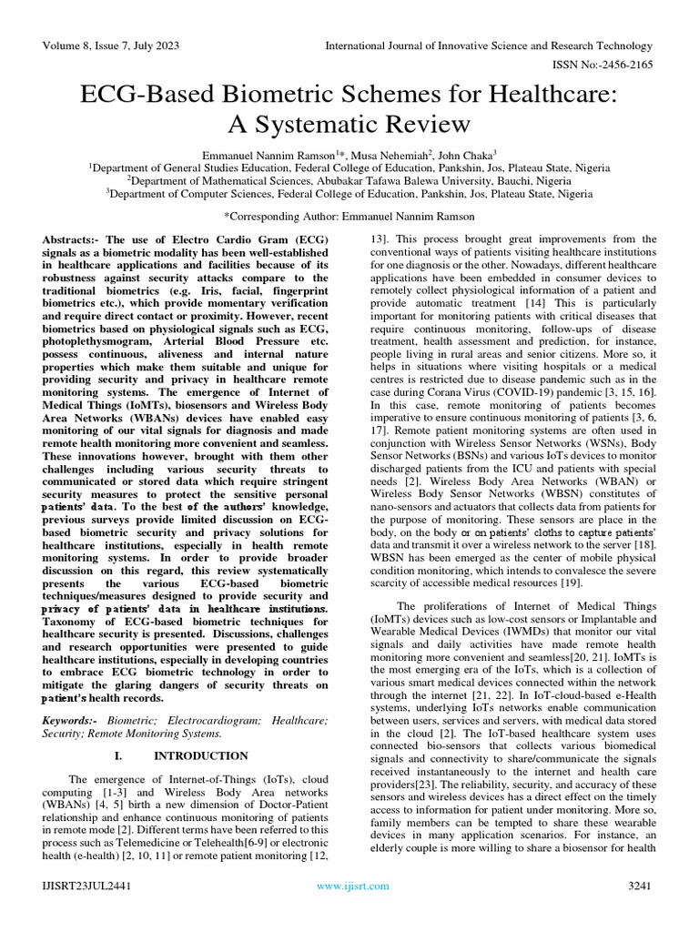 ECG-Based Biometric Schemes For Healthcare: A Systematic Review | PDF ...