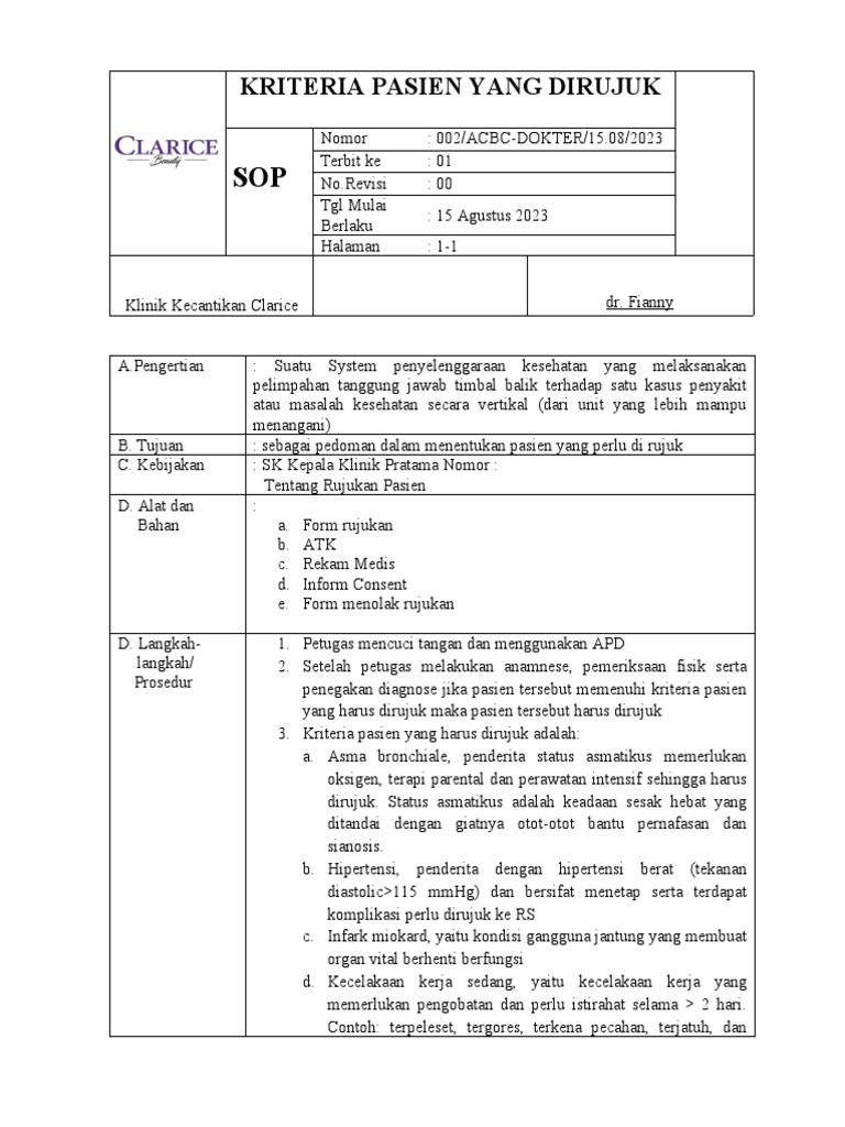 Sop Kriteria Pasien Perlu Di Rujuk | PDF