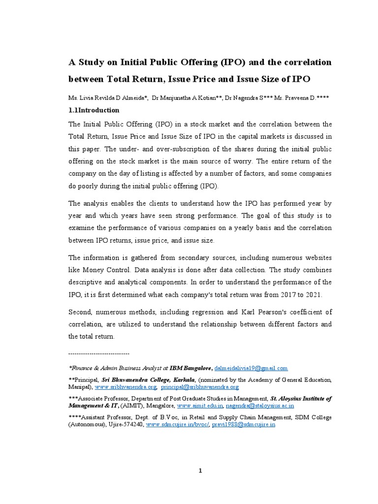 A Study On Initial Public Offering (IPO) and The Correlation Between Total Return, Issue Price ...
