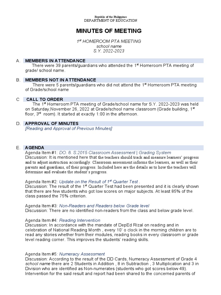 PTA Meeting Minutes | Download Free PDF | Schools | Teachers