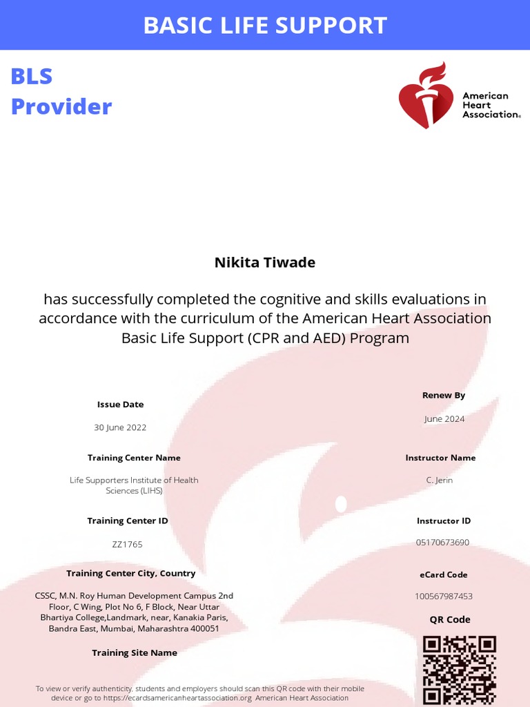 Basic Life Support Certification Details | PDF | Emergency Medical ...