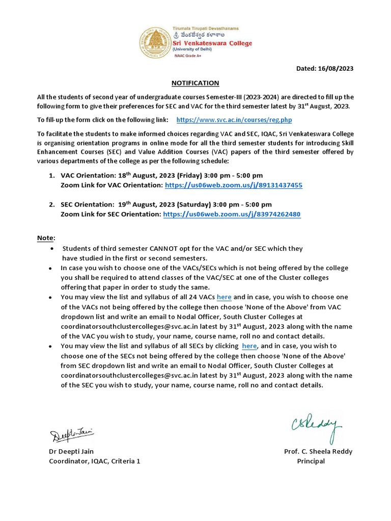 Notification Reg SEM III SEC & VAC Registration | PDF
