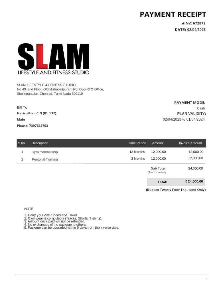 Slam Gym Membership Invoice Details | PDF