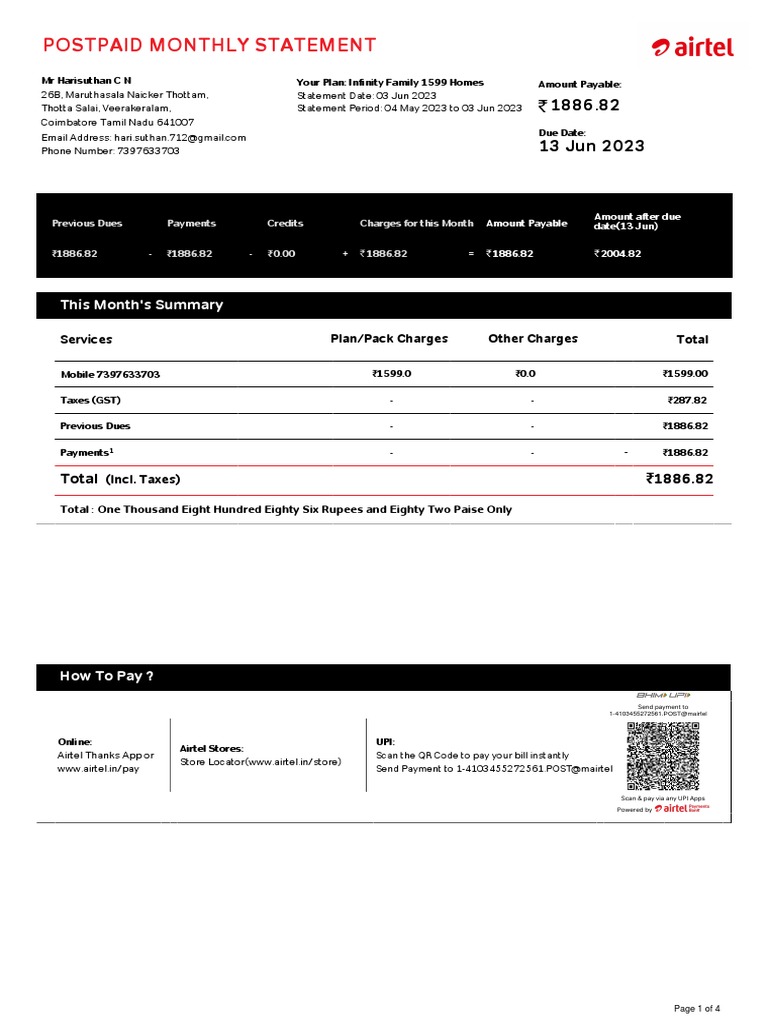Airtel Postpaid Bill Summary - June 2023 | PDF