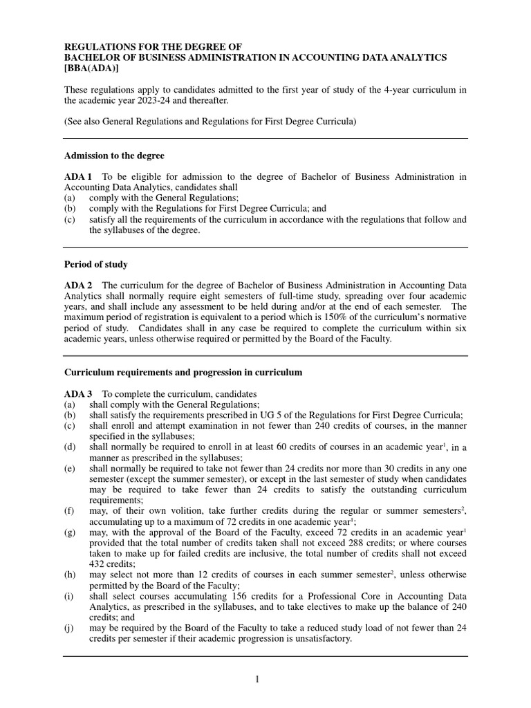 2) BBA (ADA) Regulations and Syllabus For 2023-2024 Intake | PDF
