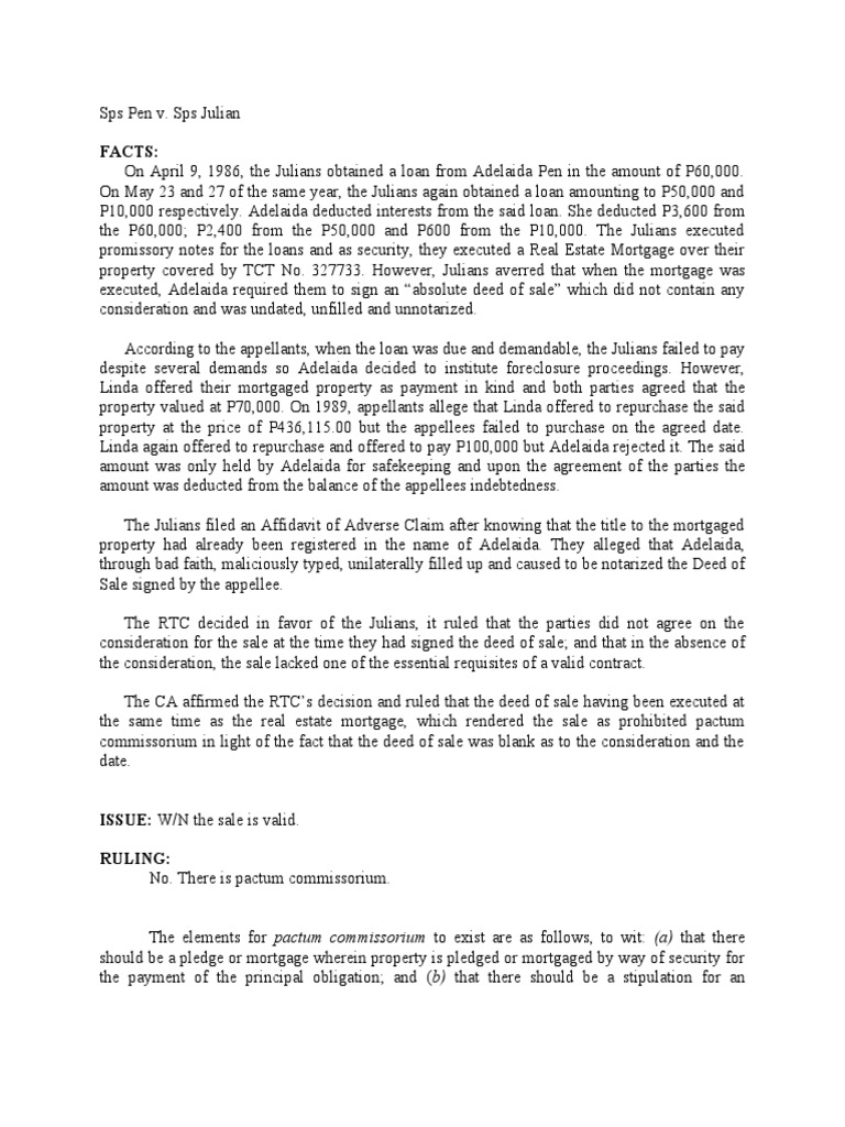 Pen V Julian Case Digest | PDF | Mortgage Loan | Loans