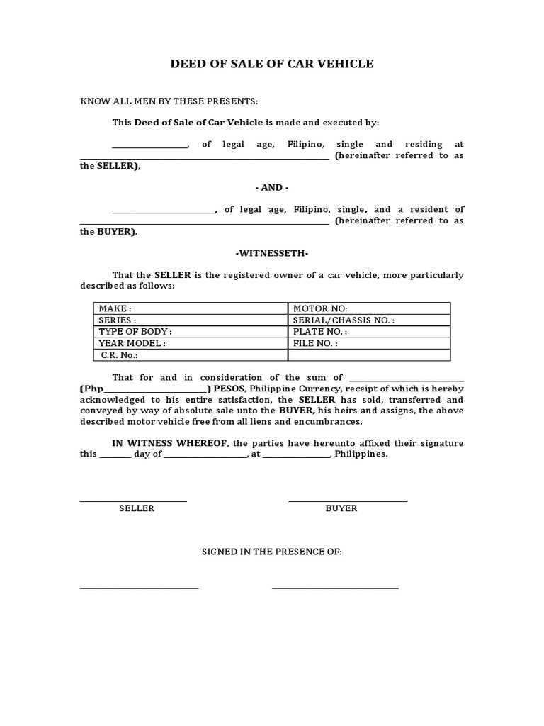 Car Vehicle Deed of Sale Template | PDF | Deed | Motor Vehicle
