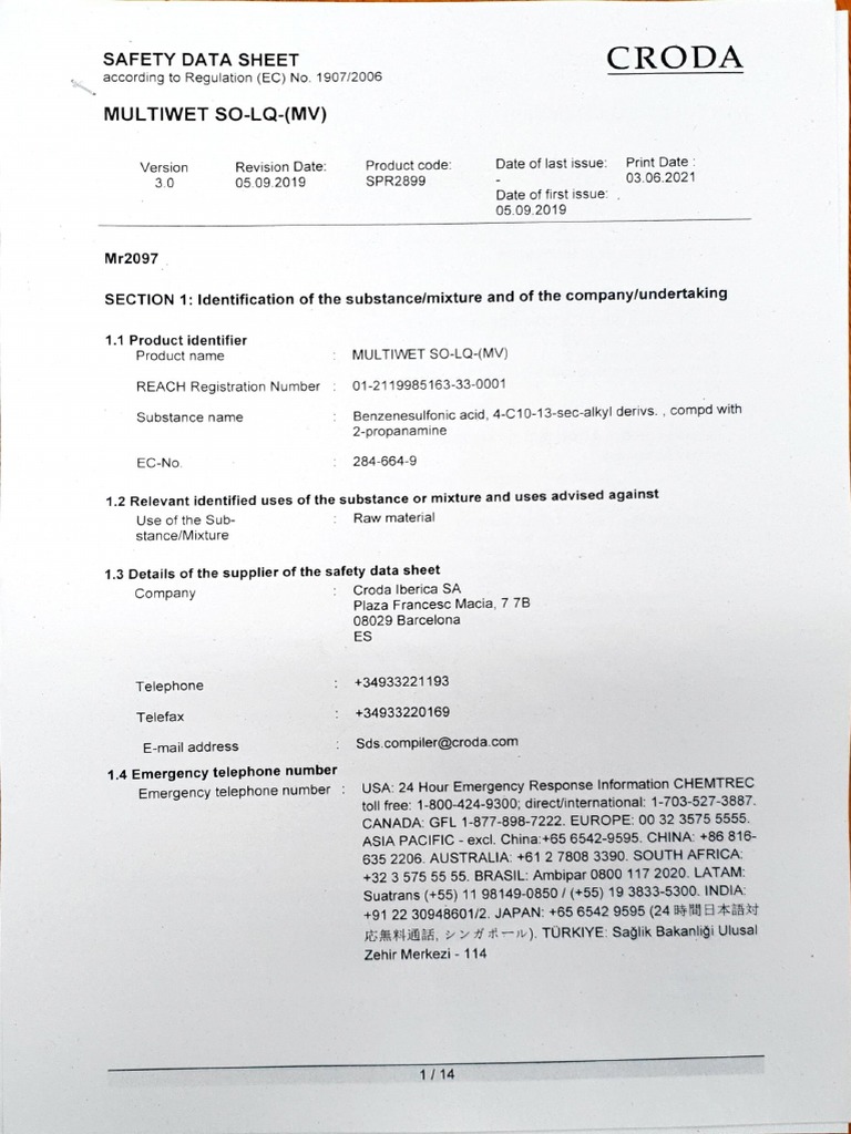 Multiwet SO-LQ. CRODA. MSDS | PDF | Toxicity | Dangerous Goods