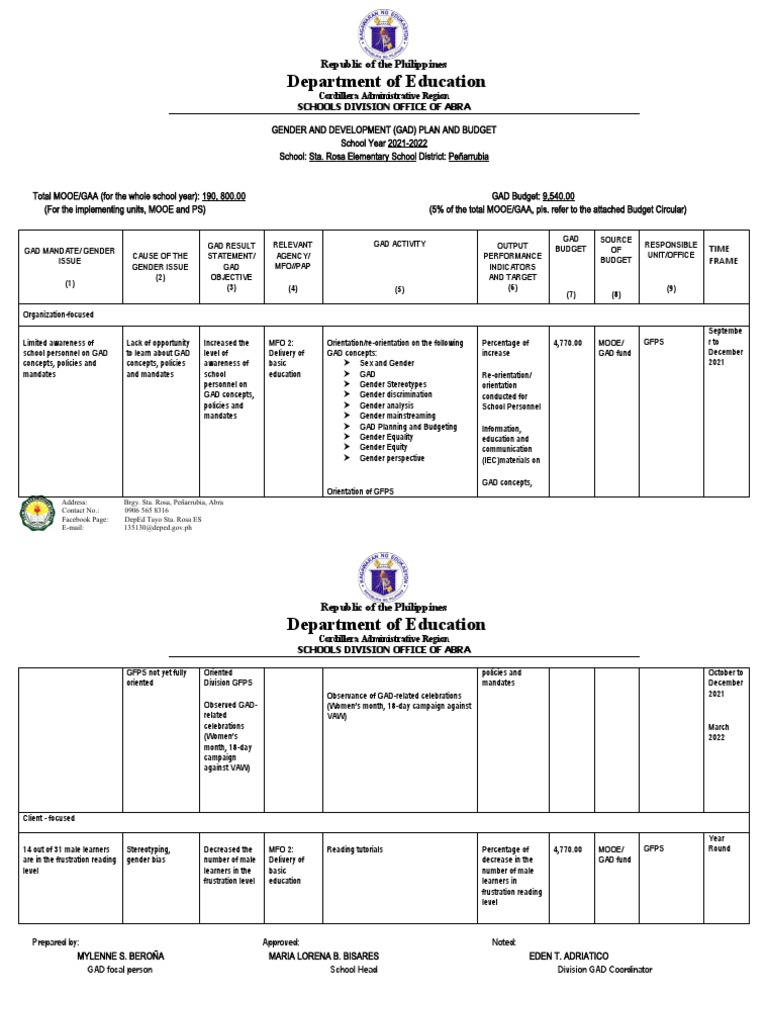 GAD Plan and Budget Template 2021-2022 | PDF | Gender | Gender Studies