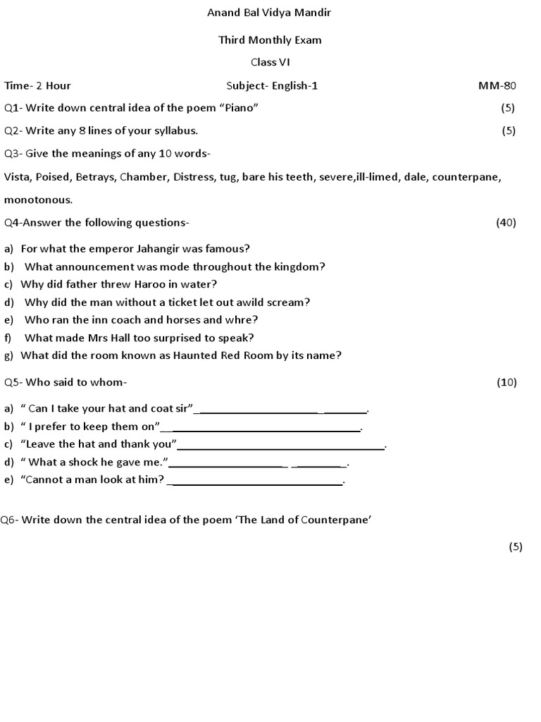 Class 6 English 1 Third Monthly Paper-1-1 | PDF