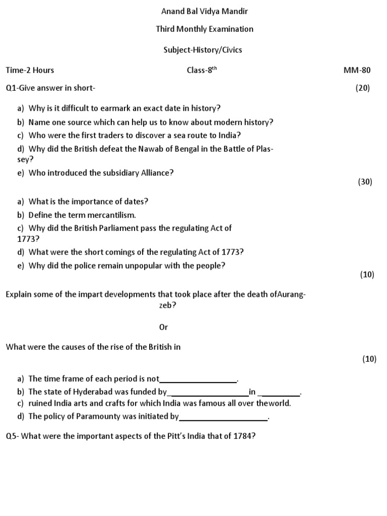 Class 8 History Civics Third monthly question paper-1-1 | PDF