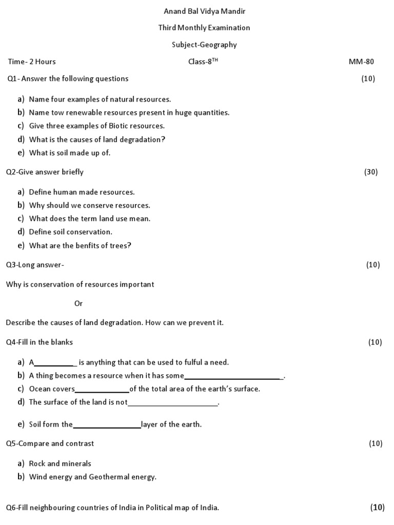 Class 8 Geography Monthly Test Paper | PDF