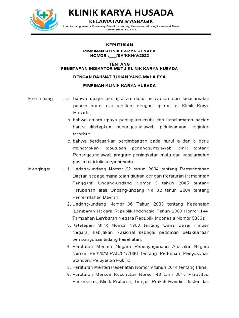 SK Penetapan Indikator Nasional Mutu Klinik | PDF