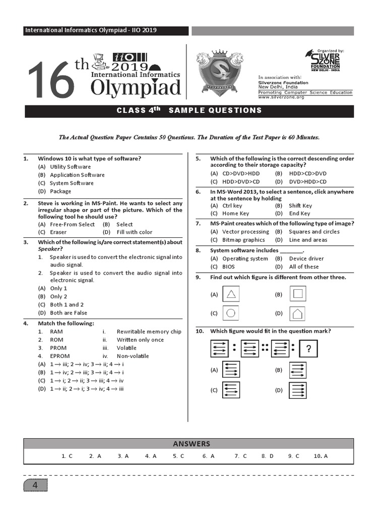 Class 4 Sample Questions: International Informatics Olympiad - IIO 2019 | PDF | Computer Data ...