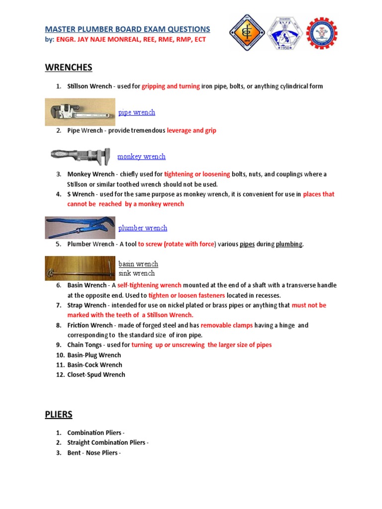 Master Plumber Exam: Essential Tools Guide | PDF | Plumbing | Screw