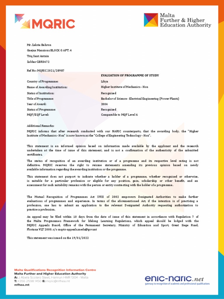 19012207323154 Final Qualification Statement | PDF