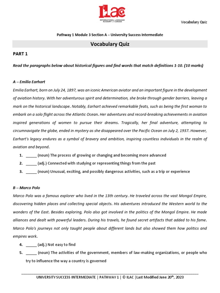 Pathway 1 Module 3 Section A - Vocabulary Quiz | PDF