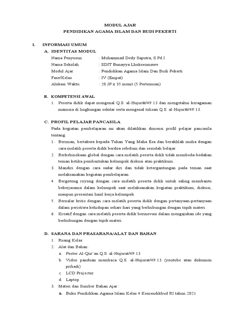 Contoh RPP PAI KELAS 4 BAB 1 | PDF