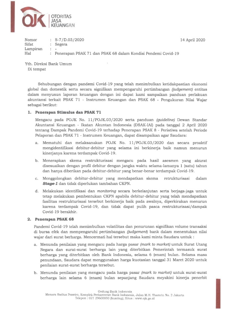 Surat KEPP S-7.D.03.2020 Penerapan PSAK 71 Dan PSAK 68 Dalam Kondisi ...
