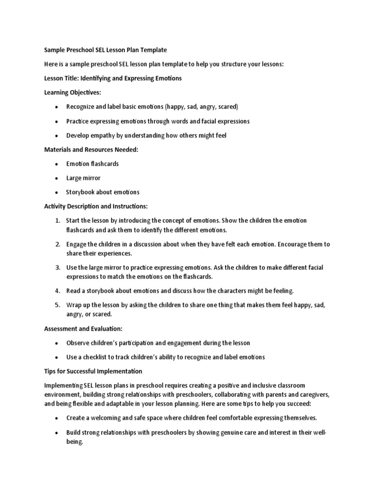 Preschool SEL Lesson Plan Template | PDF