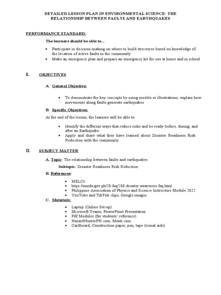 Faults and Earthquakes Lesson Plan | PDF | Learning | Earthquakes