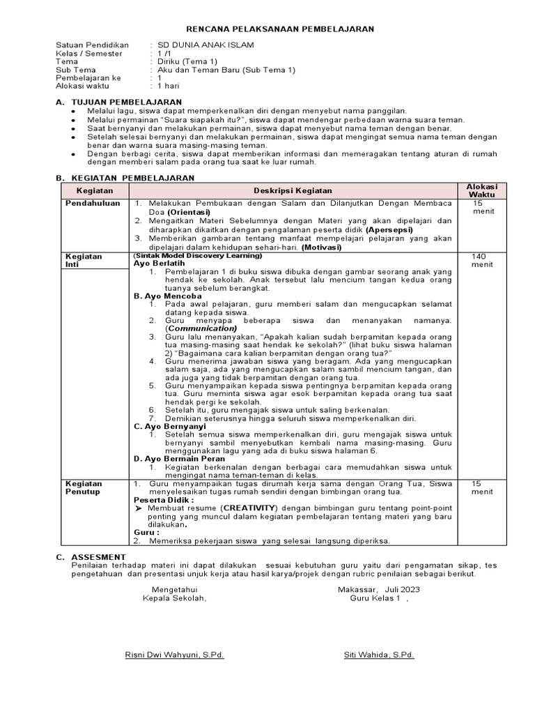 RPP Kelas 1 Tema 1 Subtema 1 2023 2024 | PDF