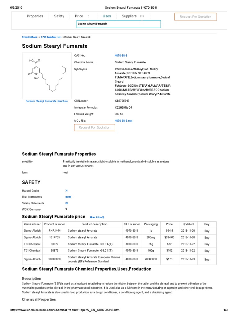 Sodium Stearyl Fumarate Excipient Pubchem 1559559385 | PDF