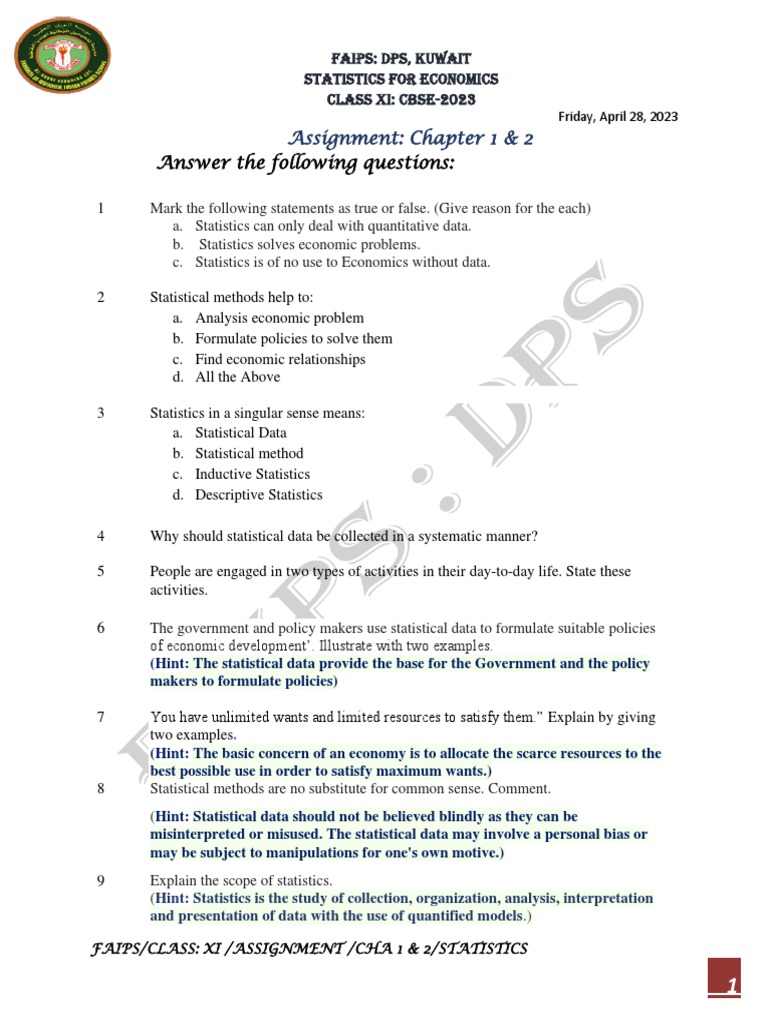 Statistics - Chap1 & 2 - Inroduction Assignment 28 April | PDF | Statistics | Economics