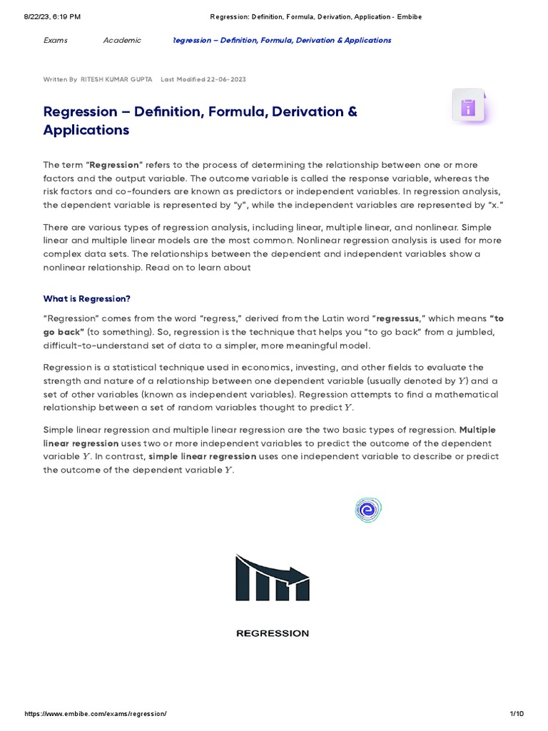 Regression - Definition, Formula, Derivation, Application - Embibe | PDF | Regression Analysis ...