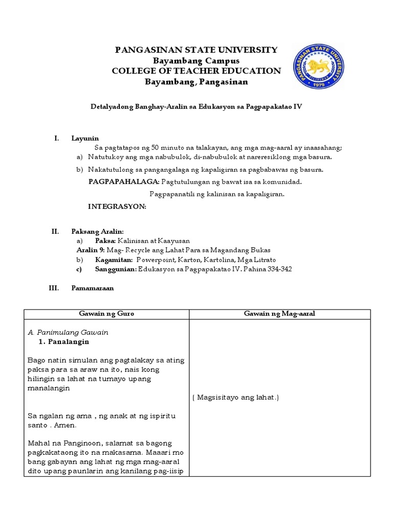 DETALYADONG-BANGHAY-ARALIN-KALINISAN-AT-KAAYUSAN-UNCHECKED | PDF